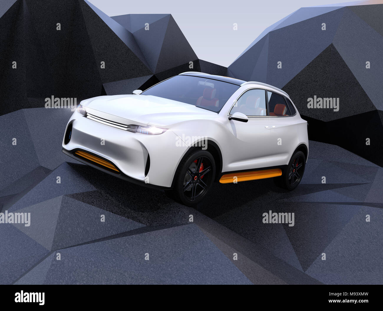 White electric SUV on geometric hard surface ground. 3D rendering image ...