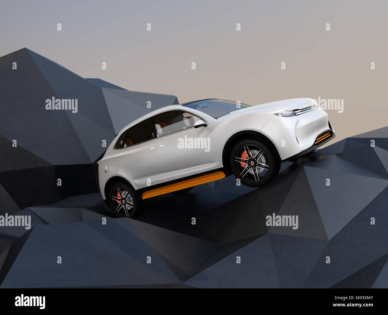 White electric SUV on geometric hard surface ground. 3D rendering image ...