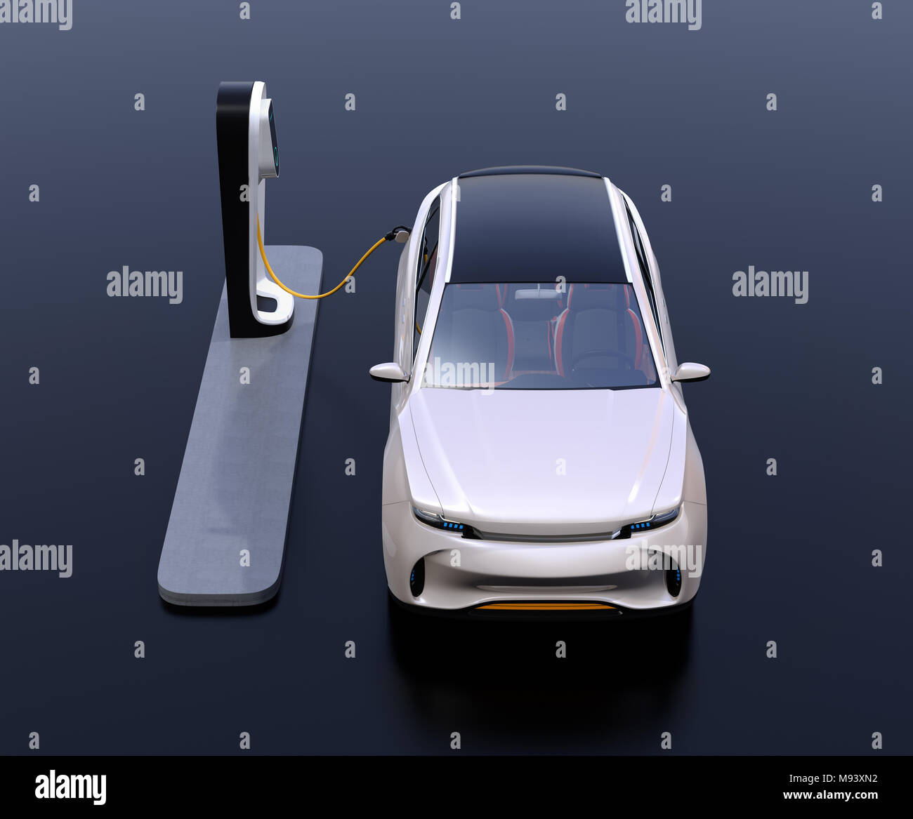 Front view of white electric SUV car charging in charging station. 3D ...