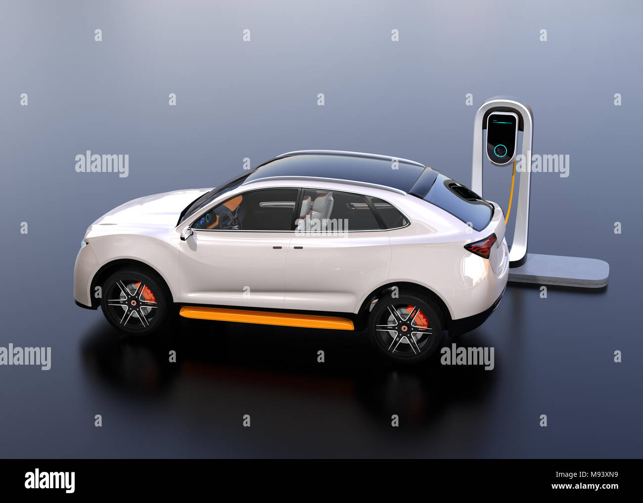 Side view of white electric SUV car charging in charging station. 3D ...