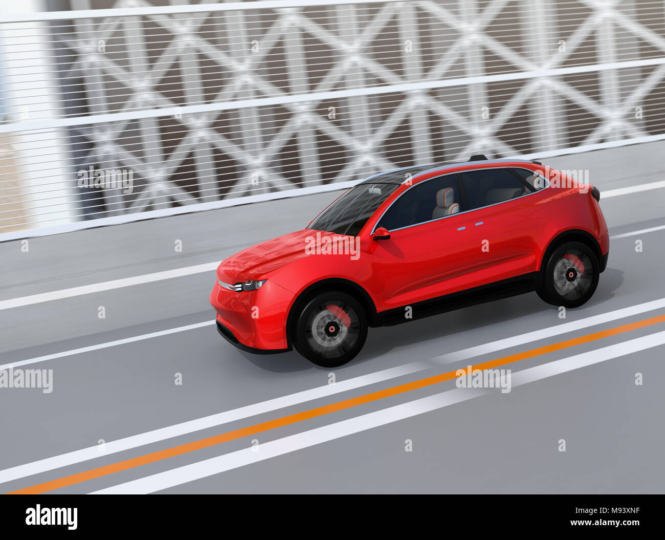 Metallic red autonomous electric SUV driving on the highway. 3D ...