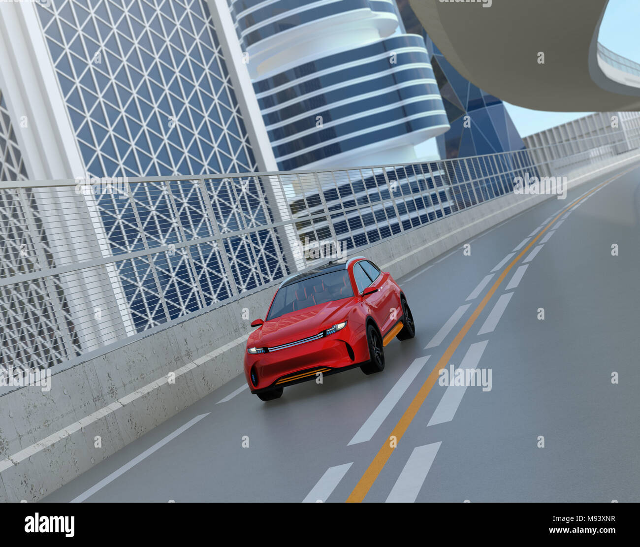 Metallic red autonomous electric SUV driving on the highway. 3D ...