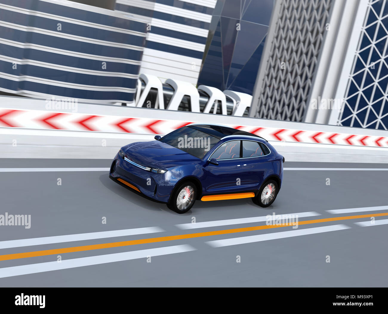 Metallic blue autonomous electric SUV driving on the highway. 3D ...