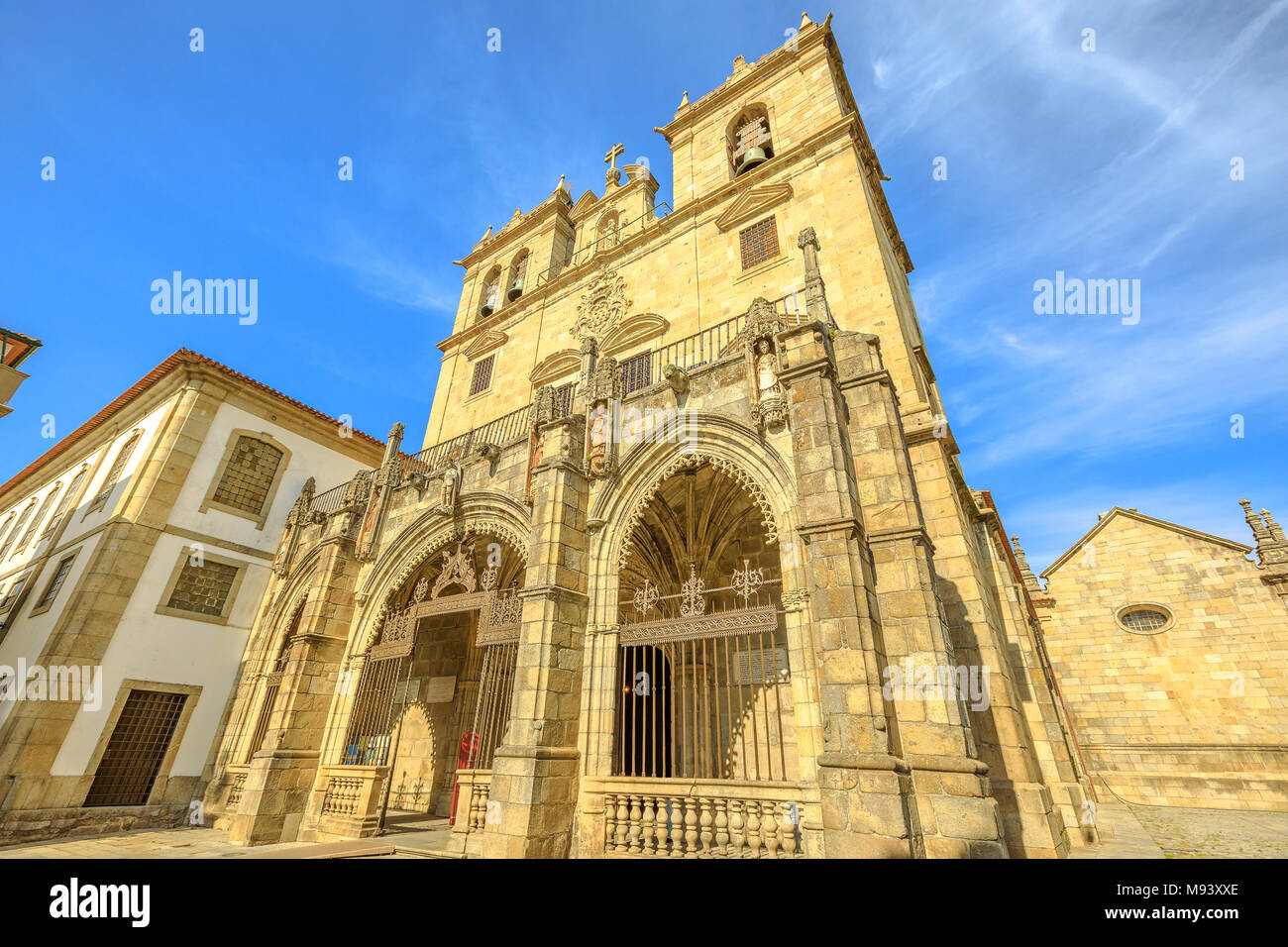 Braga, Portugal. Facade of Braga Cathedral with its gothic bell towers ...
