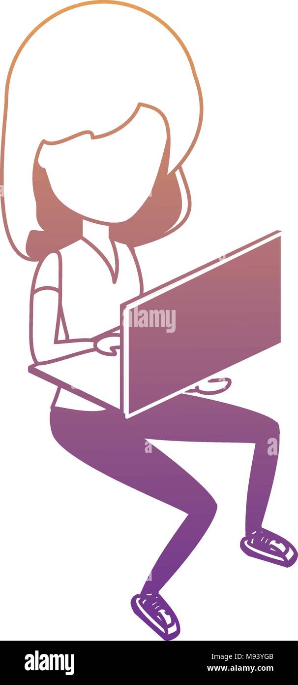 avatar woman sitting and using a laptop computer over white background ...