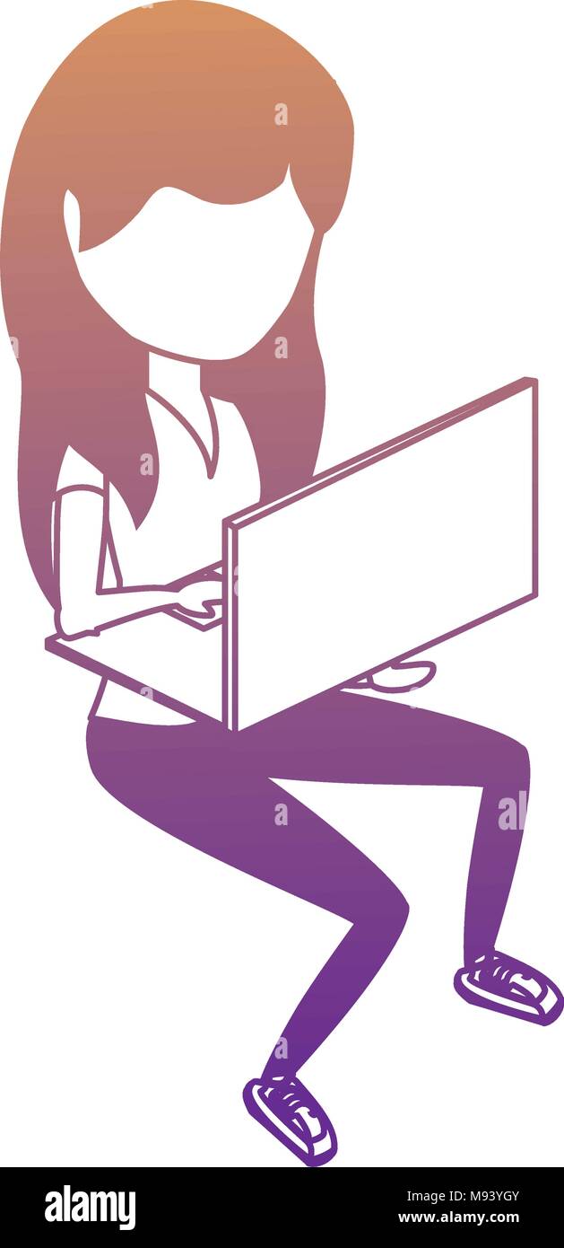 avatar woman sitting and using a laptop computer over white background ...