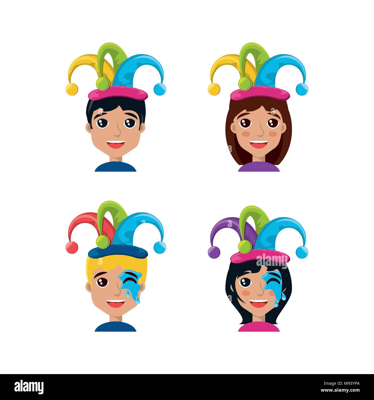 cartoon people with jester hats icon set over white background ...