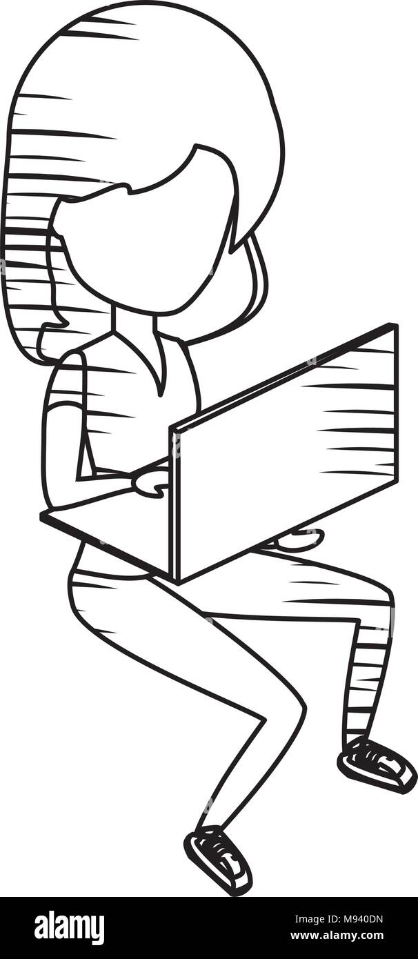 sketch of avatar woman sitting and using a laptop computer over white ...