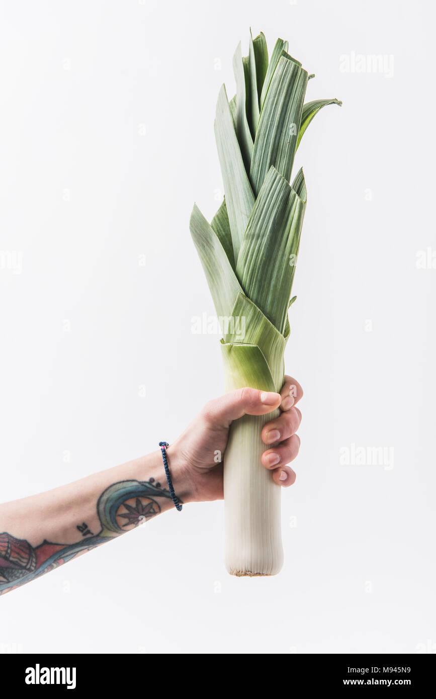 Hand holding green leek isolated on white background Stock Photo - Alamy