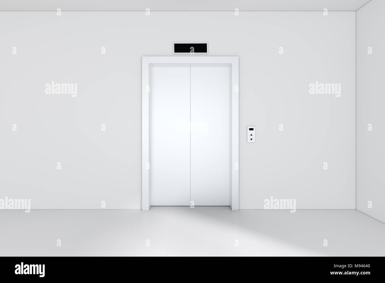Modern elevator or lift doors made of metal closed in building with ...