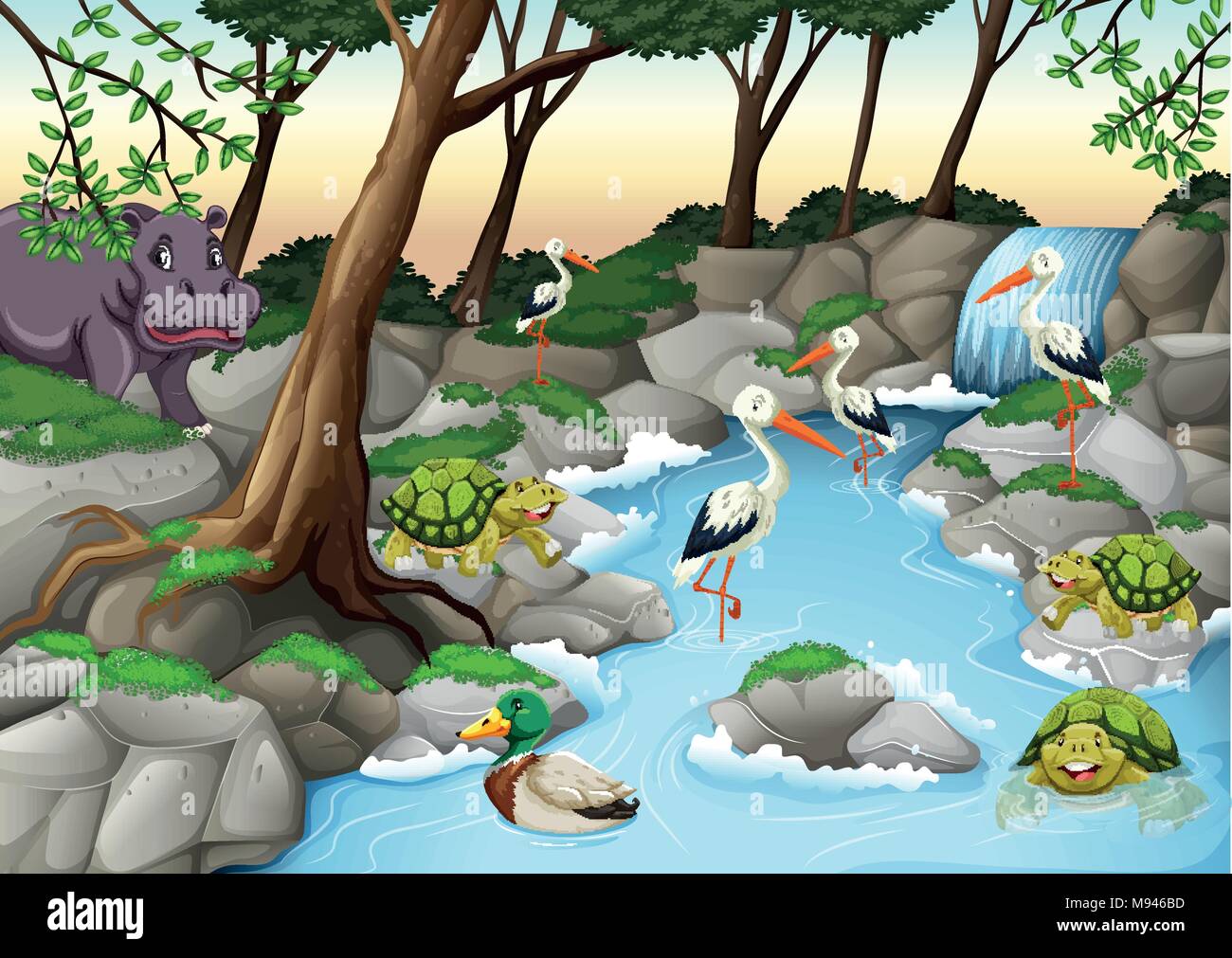 Water scene with many wild animals illustration Stock Vector Image ...