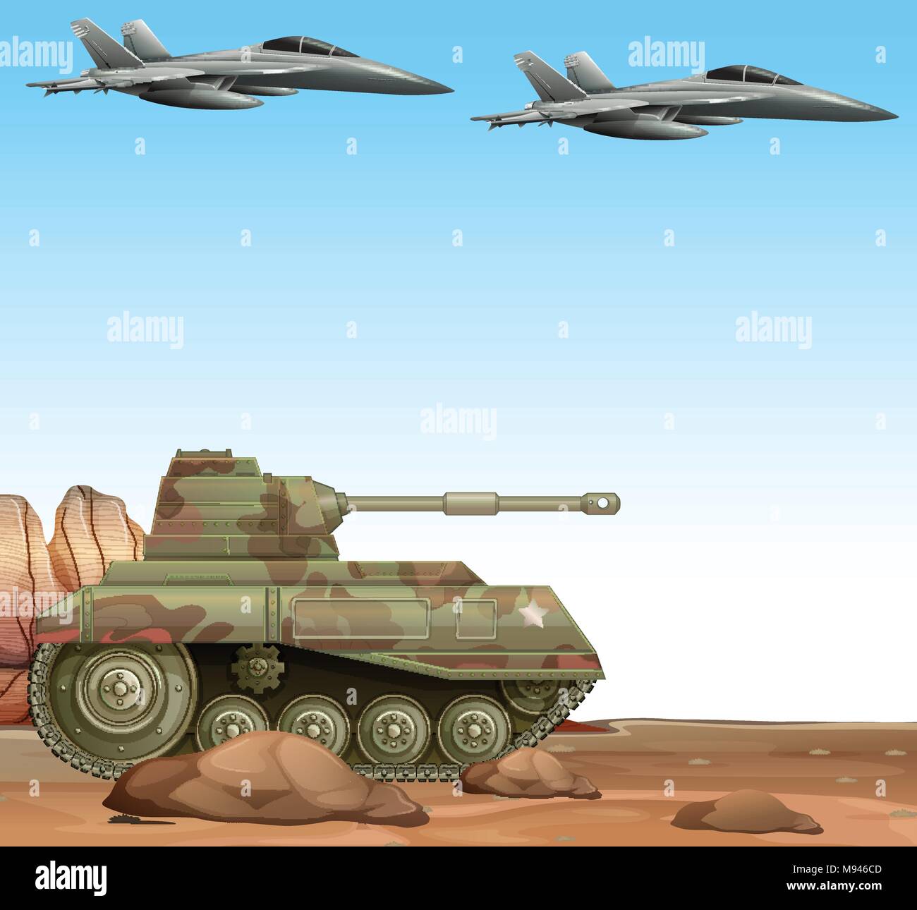 Two fight jets and military tank in battle field illustration Stock ...