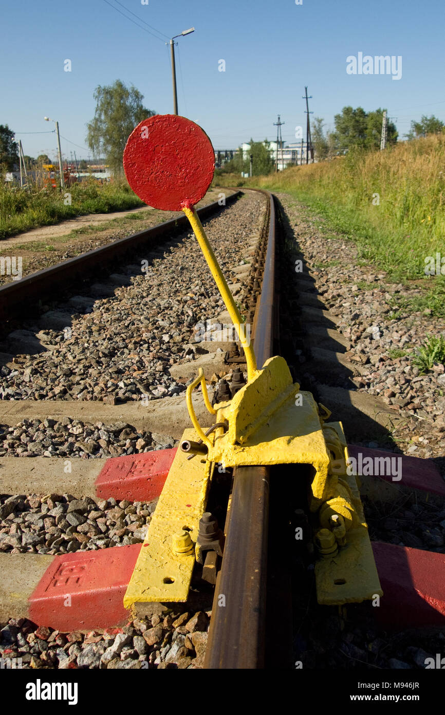 The device blocking the movement of trains on the railway tracks Stock ...