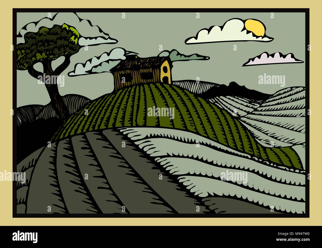 hand drawn house on a hilltop print styled illustration Stock Vector ...