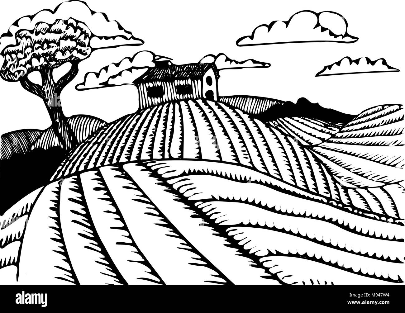 hand drawn house on a hilltop print styled illustration Stock Vector ...