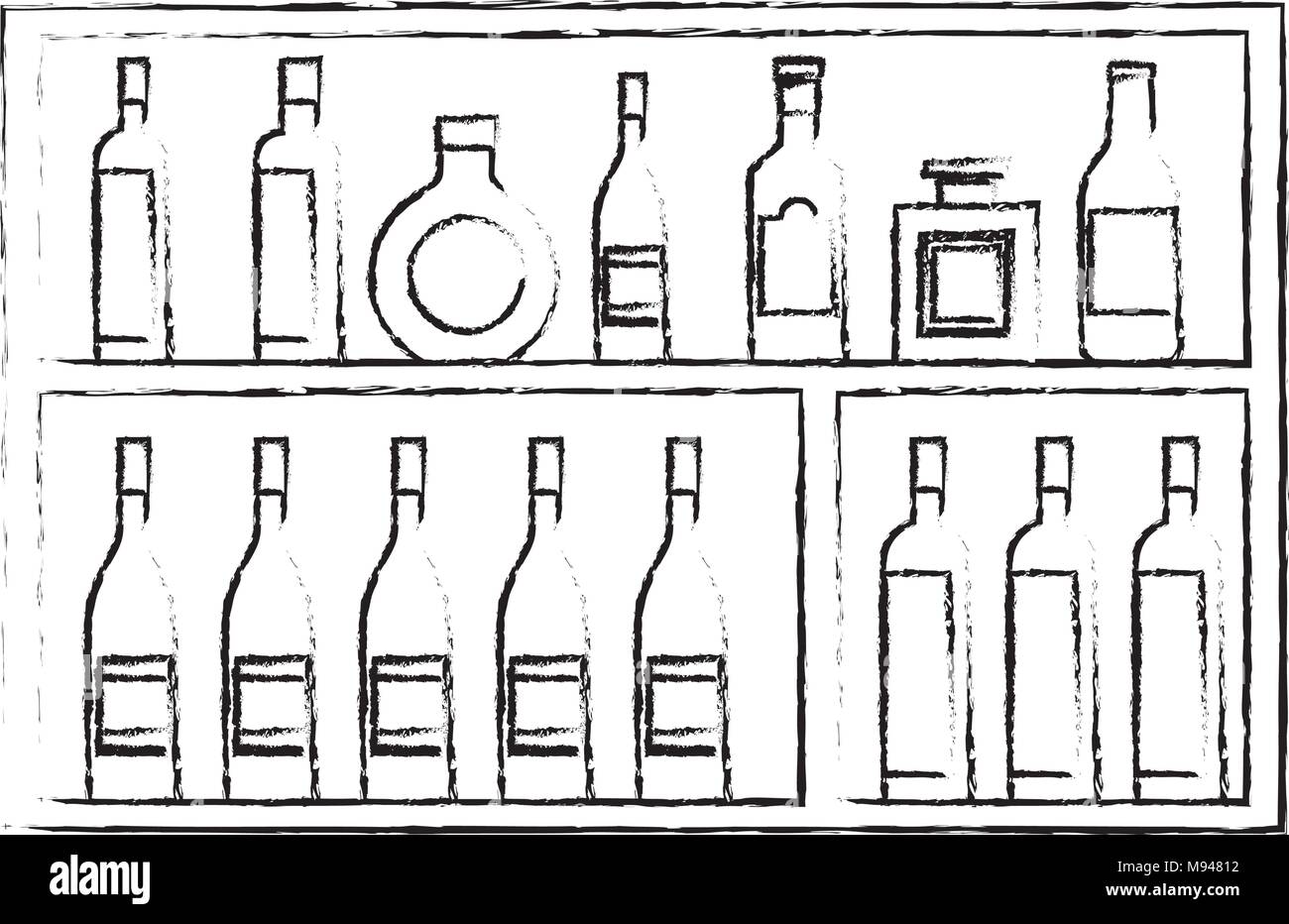 shelving furniture with different glass bottles beverages alcohol Stock ...