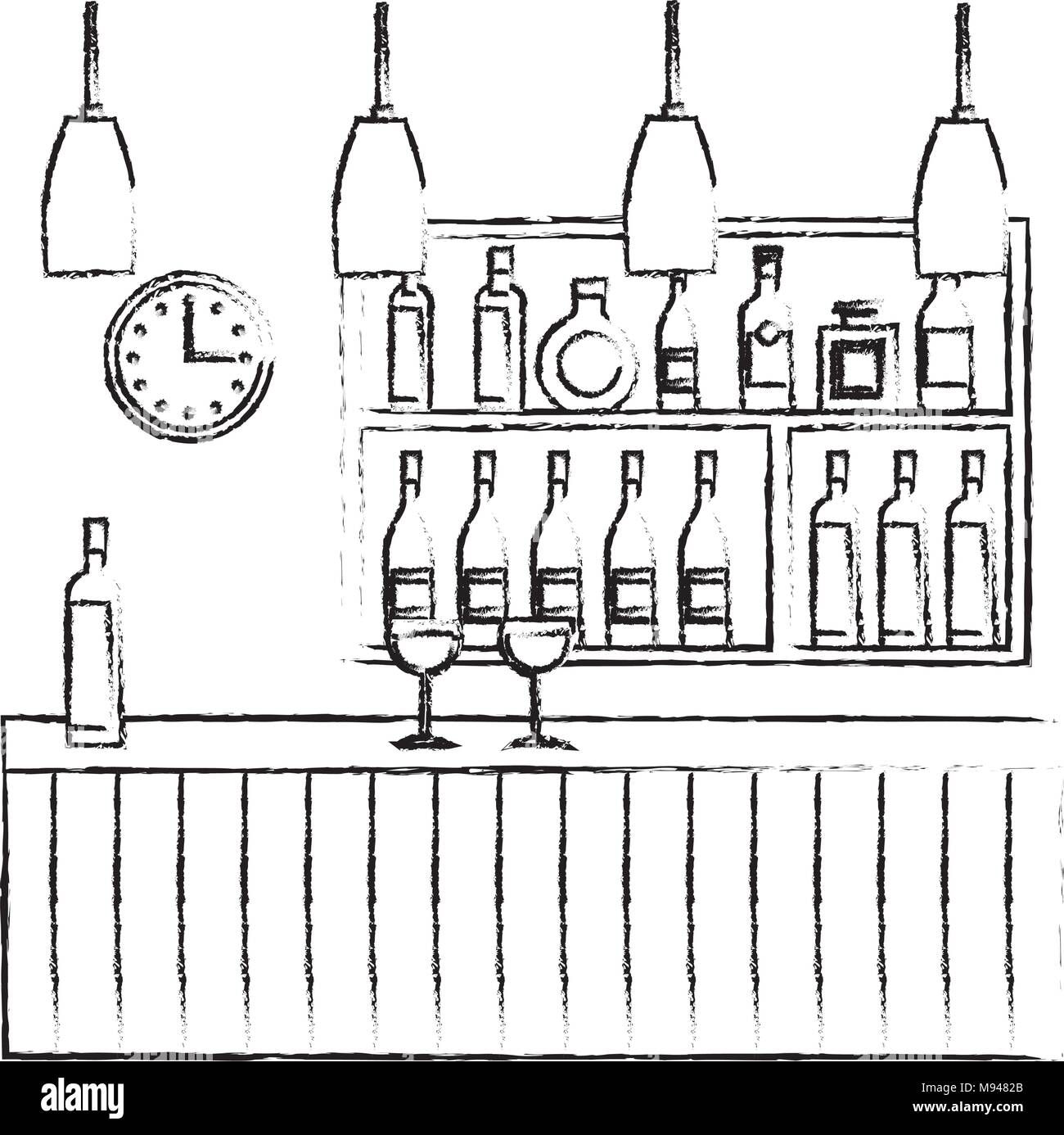 bar restaurant interior shelf counter beverage alcohol and glass cups ...