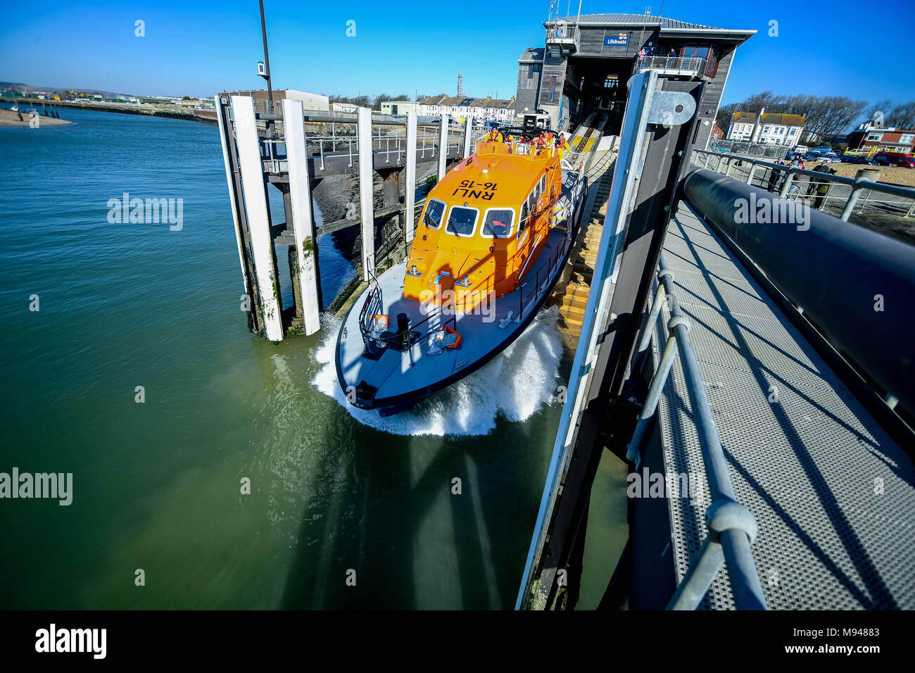 RNLI Rescue vessel launches into the sea from its base in Shoreham by ...