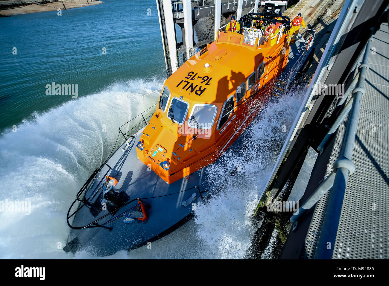 RNLI Rescue vessel launches into the sea from its base in Shoreham by ...