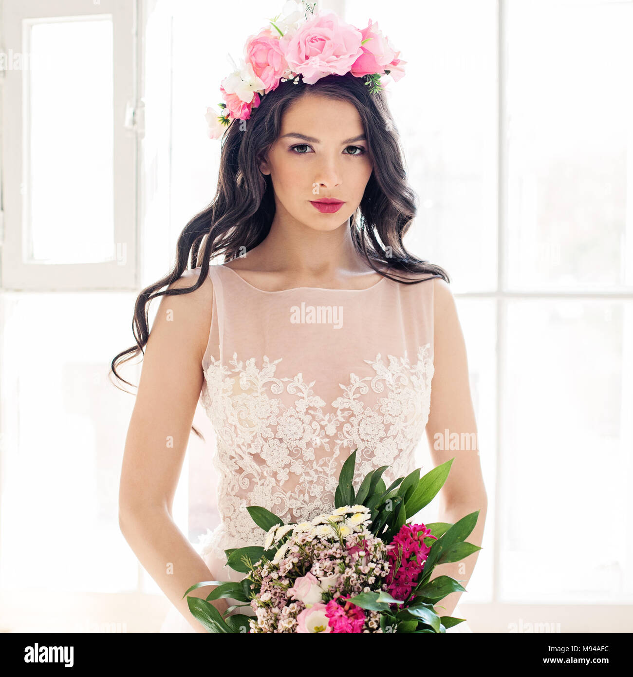 Glamorous Woman Fashion Model with Makeup and Flowers Stock Photo - Alamy