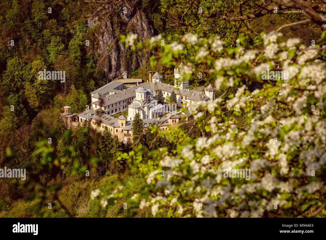Overview of a beautiful orthodox monastery in Romania amid the spring ...