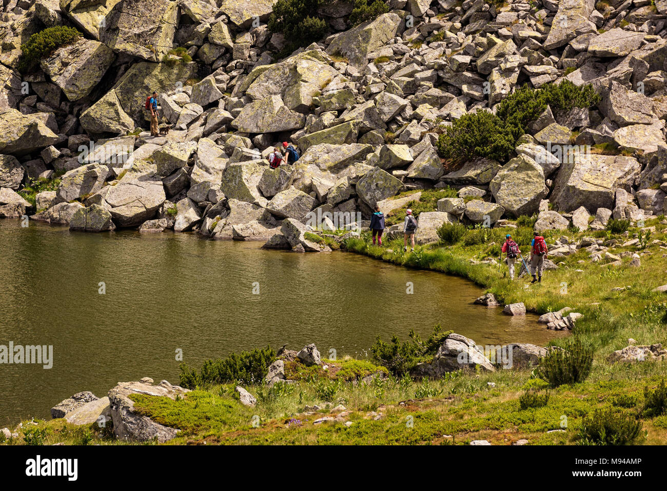 Group of young hikers seen from afar starting a trekking path in the ...