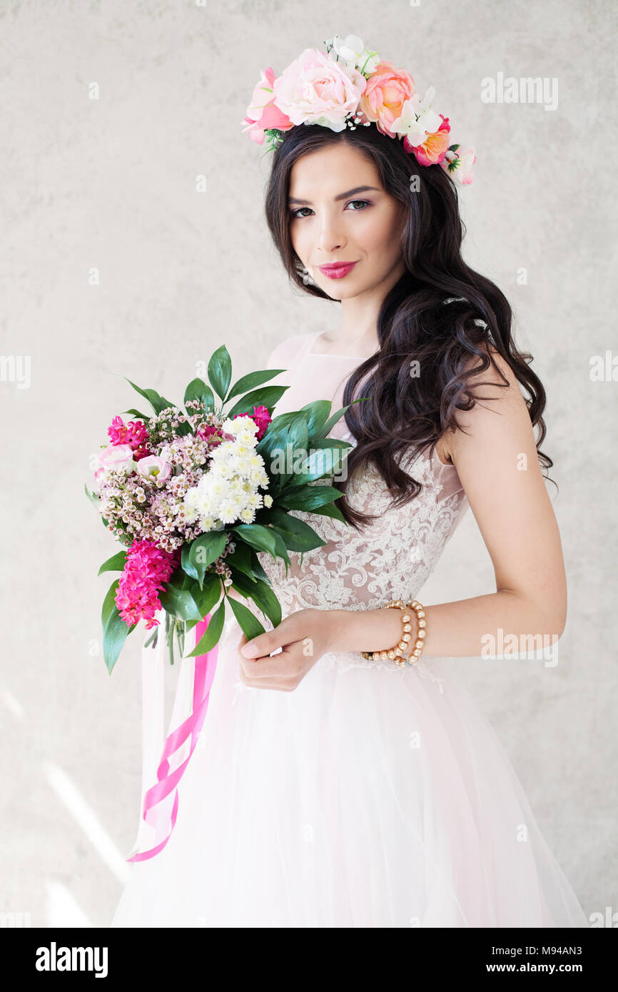 Pretty Fashion Model with Flowers. Girl in Lacy Dress Stock Photo - Alamy