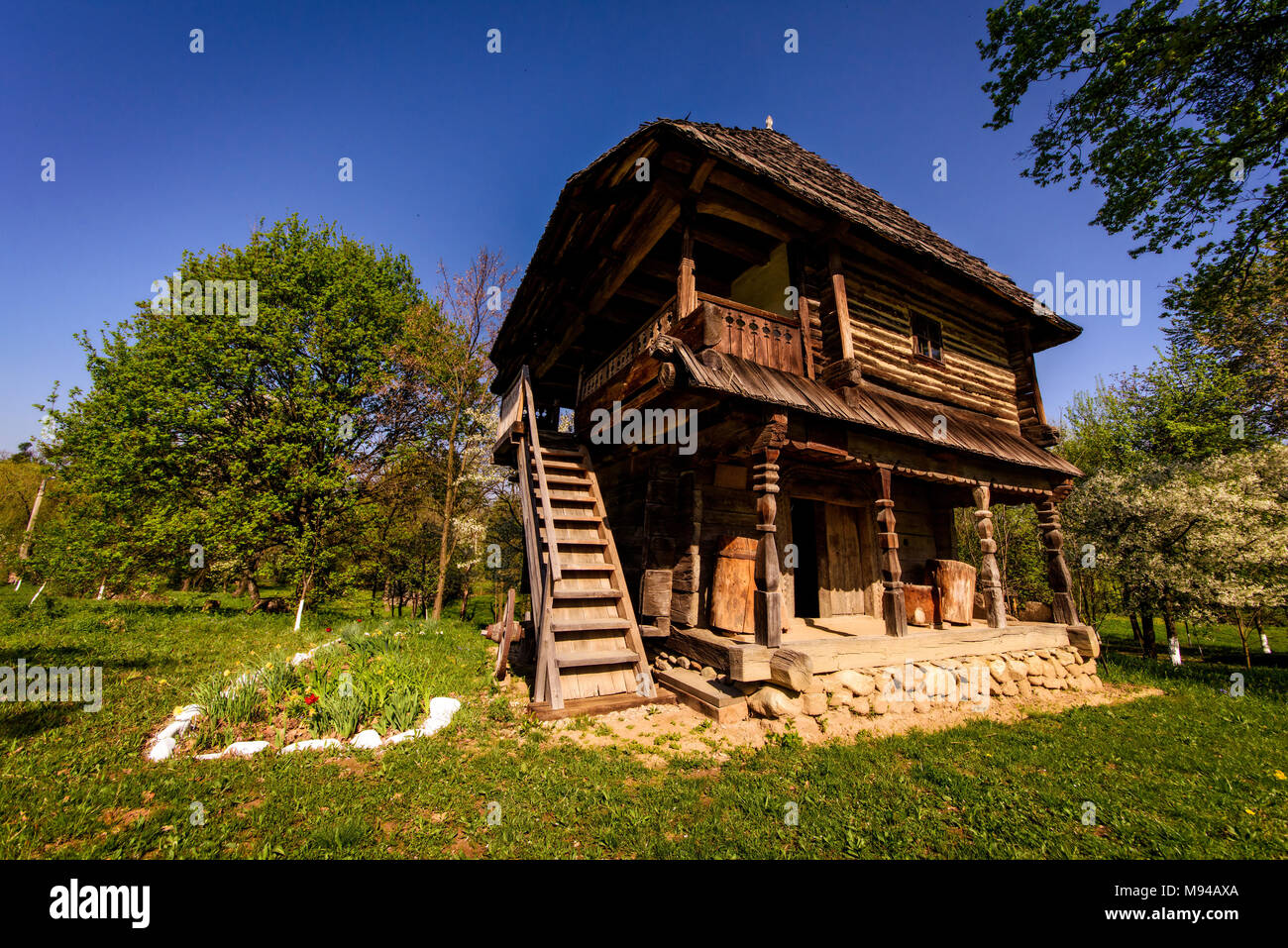 Wooden home architecture in the rural side of Romania displayed in a ...