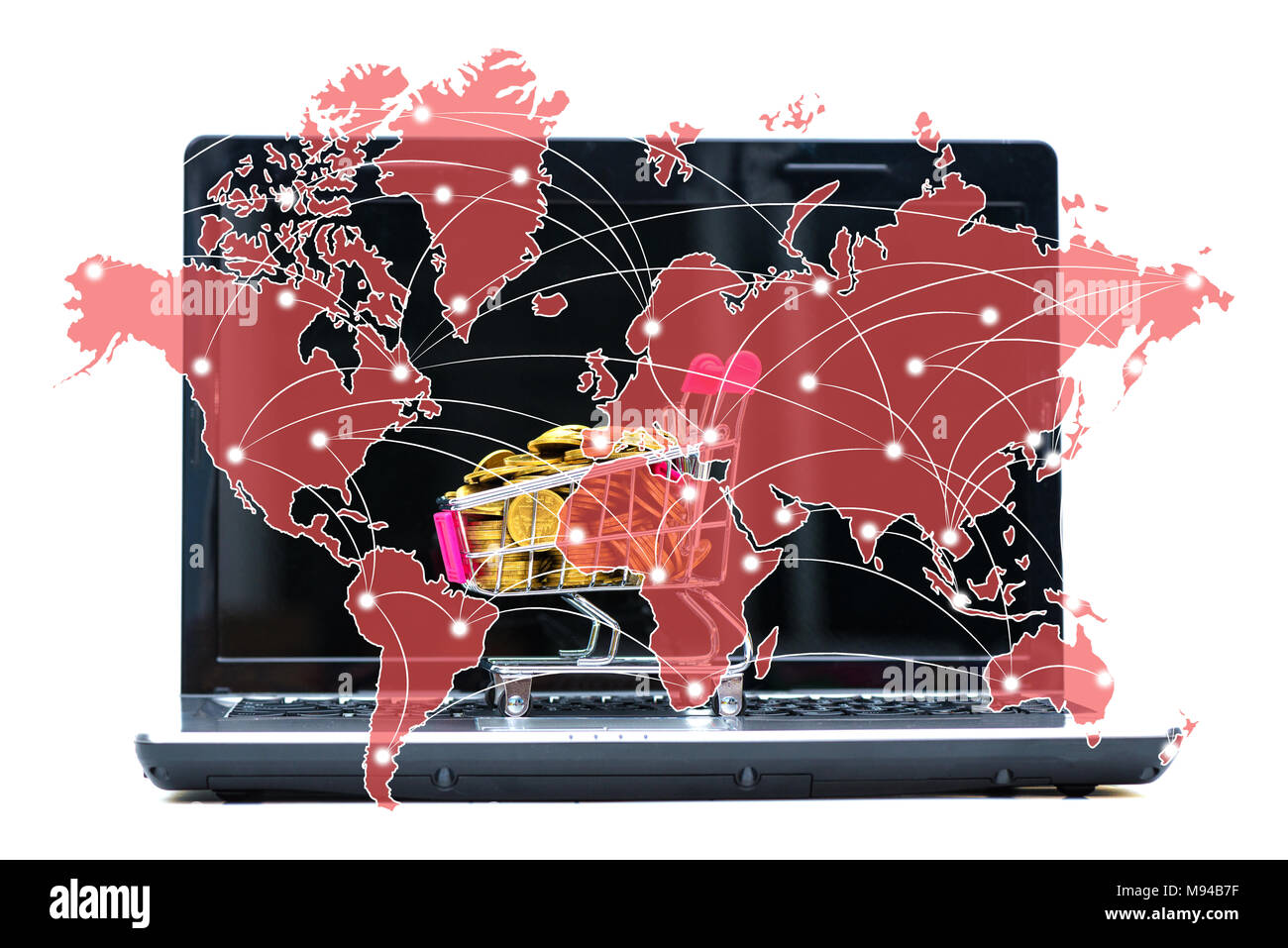 Shopping cart or supermarket trolley with laptop notebook with world ...