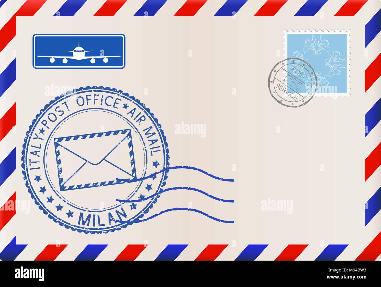 Envelope with MILAN stamp. International mail postage with postmark and ...