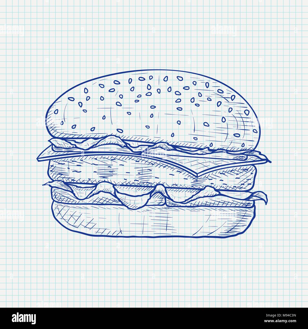 Hamburger. Hand drawn sketch on lined paper background Stock Vector ...