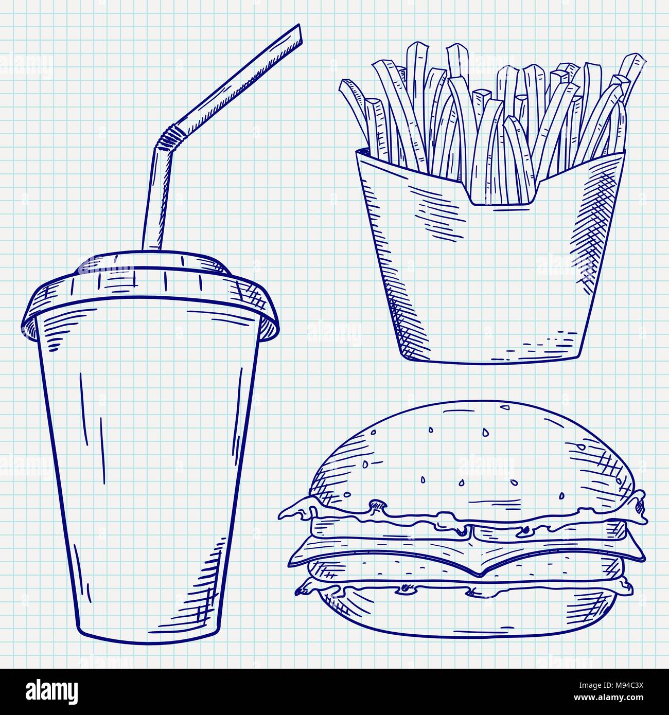 Fast food set. French fries, burger and paper cup drink. Blue outline ...