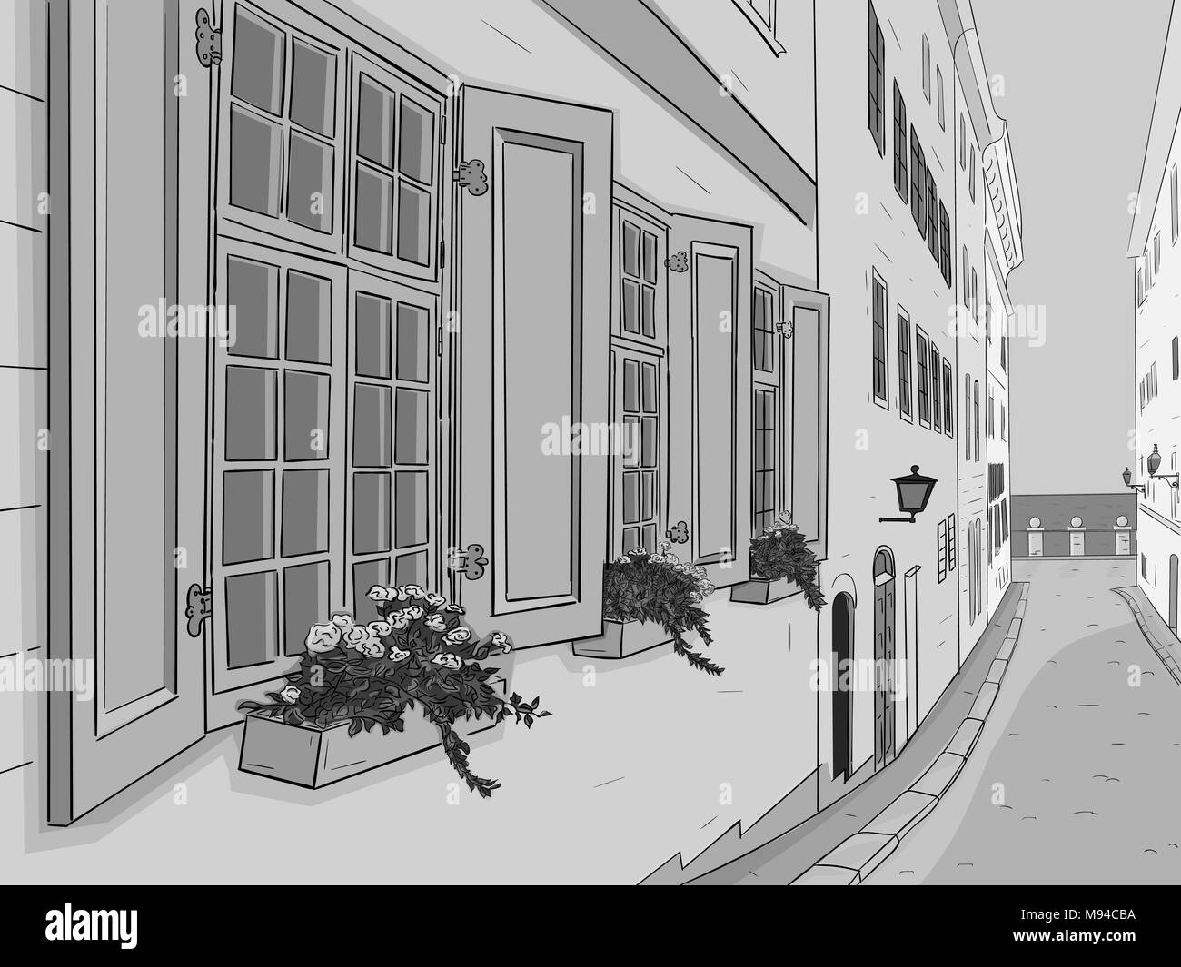 Beautiful narrow city street with flowers window boxes. Hand drawn ...