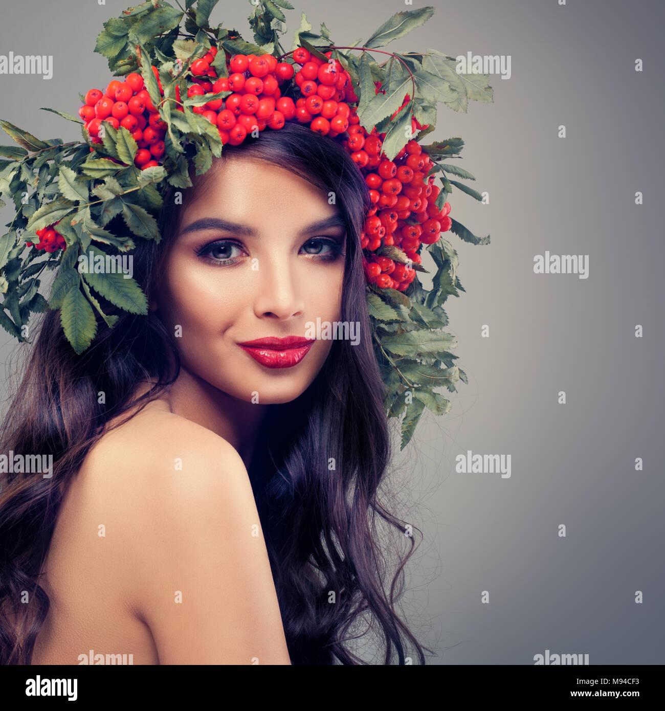 Autumn Portrait of Beautiful Woman Fashion Model with Fall Leaves and ...