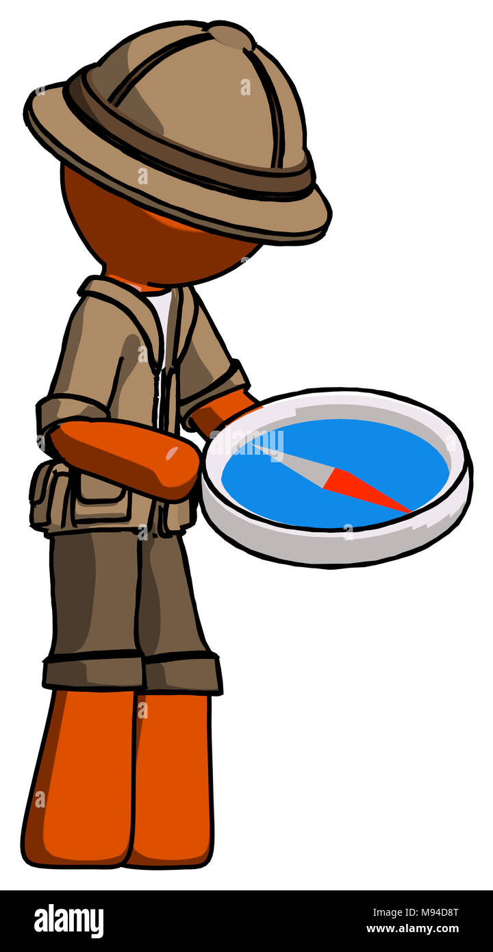 Orange explorer ranger man looking at large compass facing right Stock ...