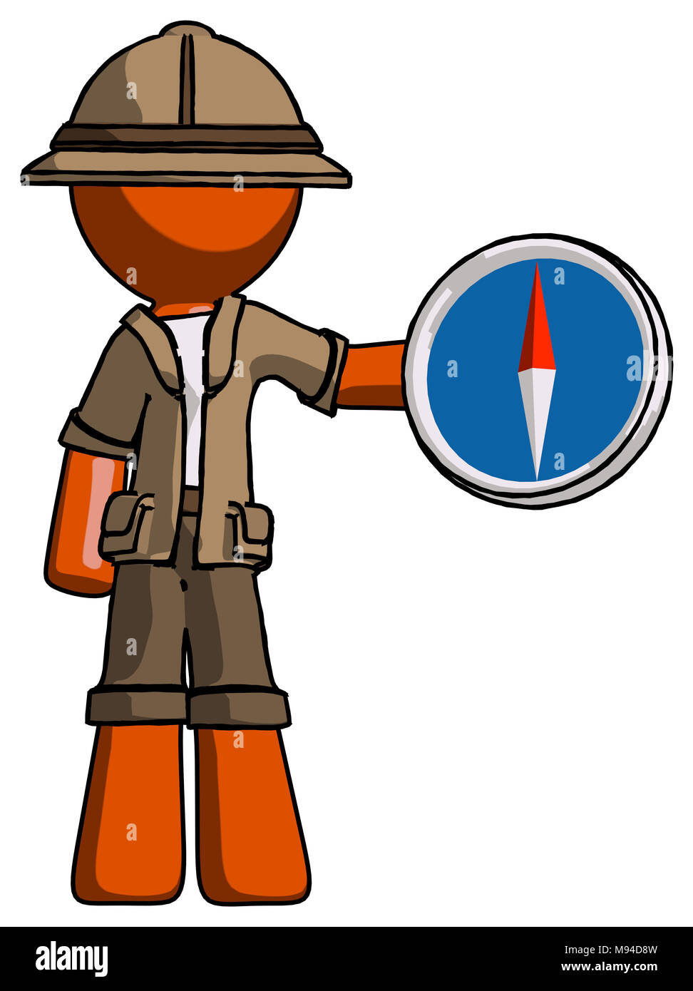 Orange explorer ranger man holding a large compass Stock Photo - Alamy