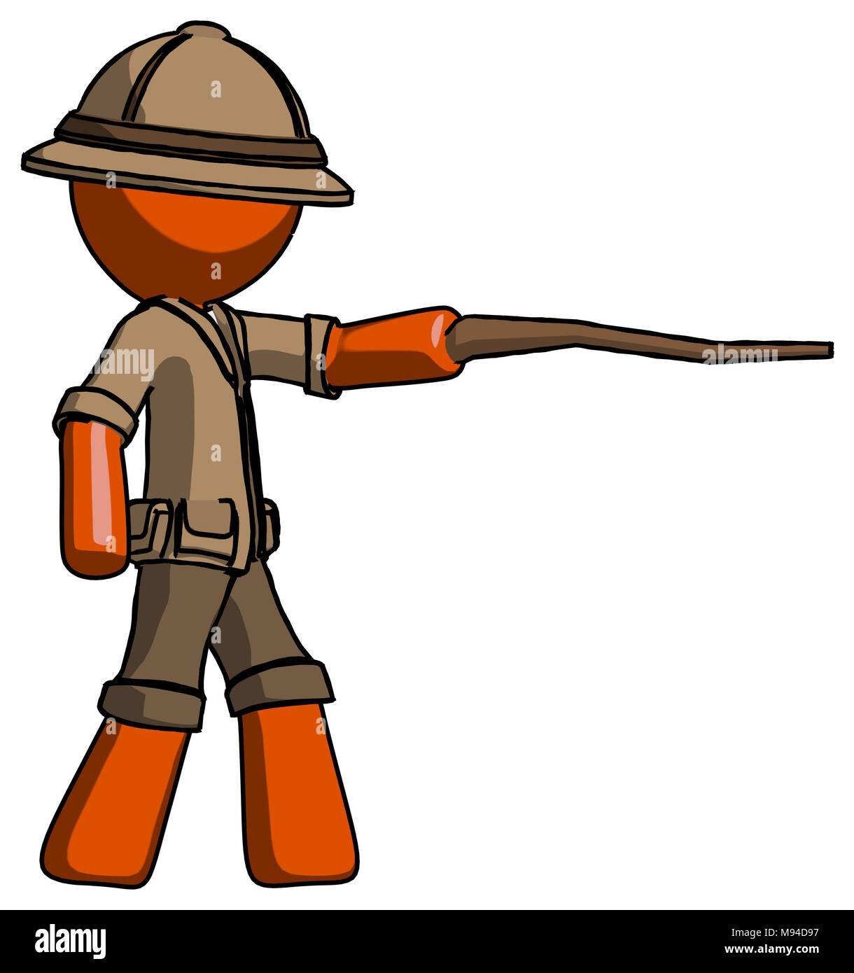 Orange explorer ranger man pointing with hiking stick Stock Photo - Alamy