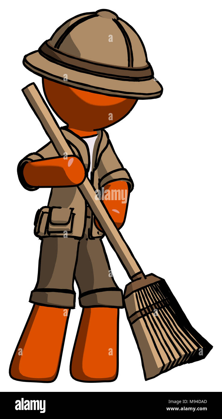 Orange explorer ranger man sweeping area with broom Stock Photo - Alamy