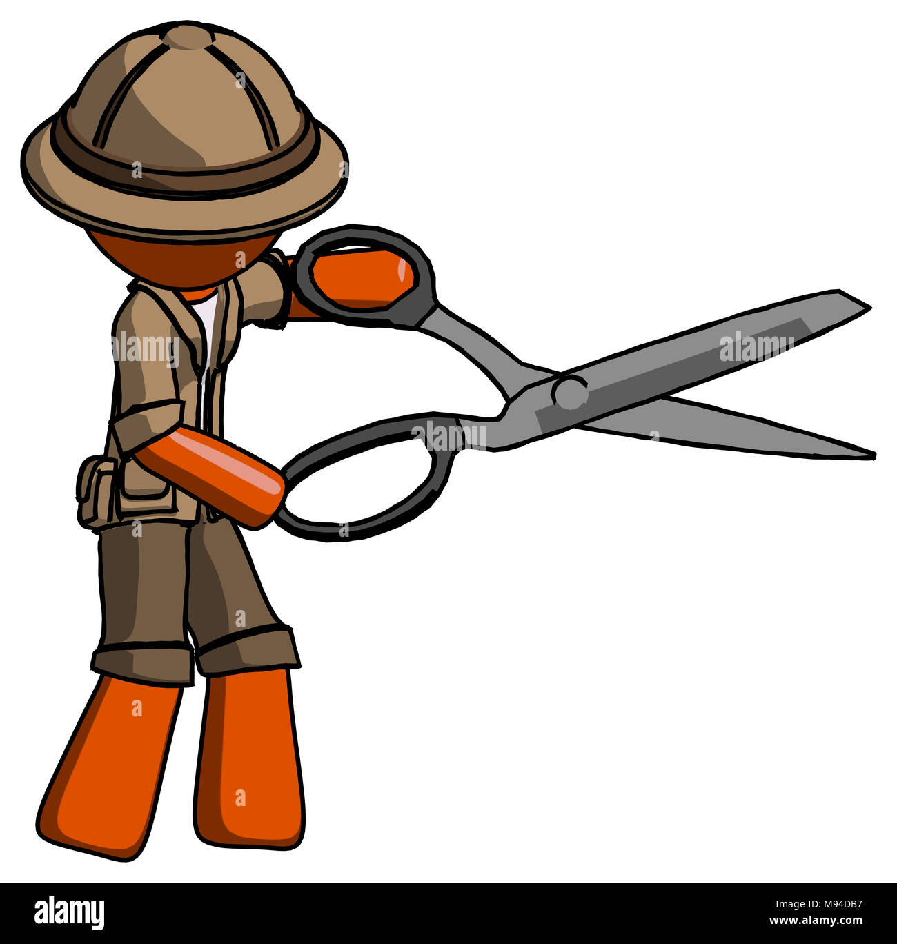Orange explorer ranger man holding giant scissors cutting out something ...