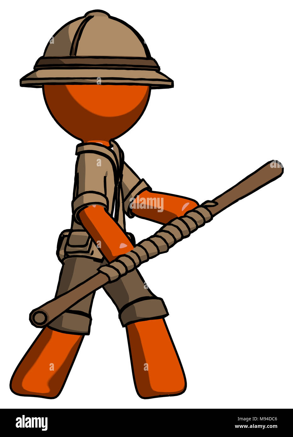 Orange explorer ranger man holding bo staff in sideways defense pose ...