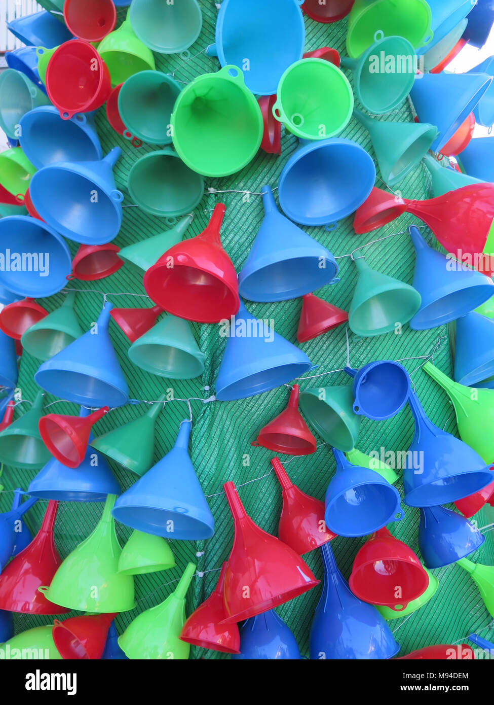 Christmas tree made of Plastic funnels in Village Street in Andalusia ...