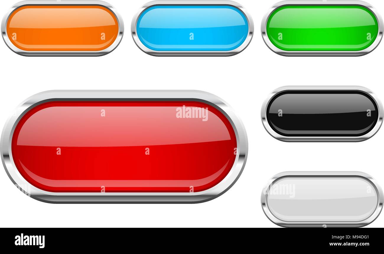 Glass buttons with chrome frame. Colored set of shiny oval 3d web icons ...