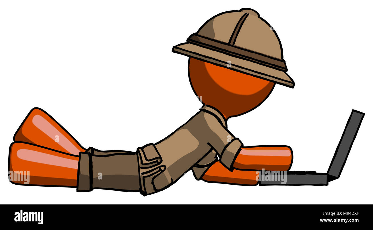 Orange explorer ranger man using laptop computer while lying on floor ...