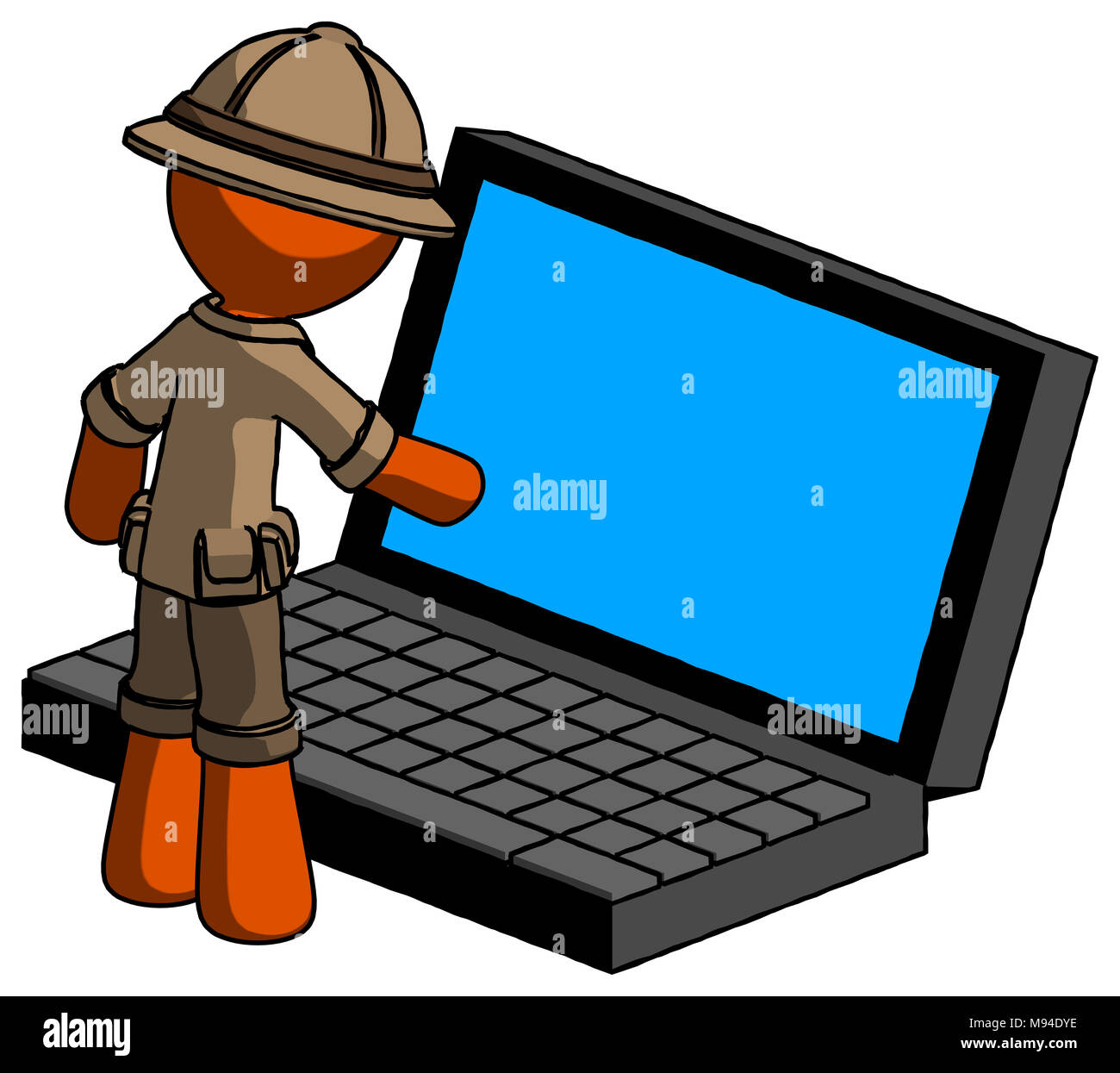 Orange explorer ranger man using large laptop computer Stock Photo - Alamy
