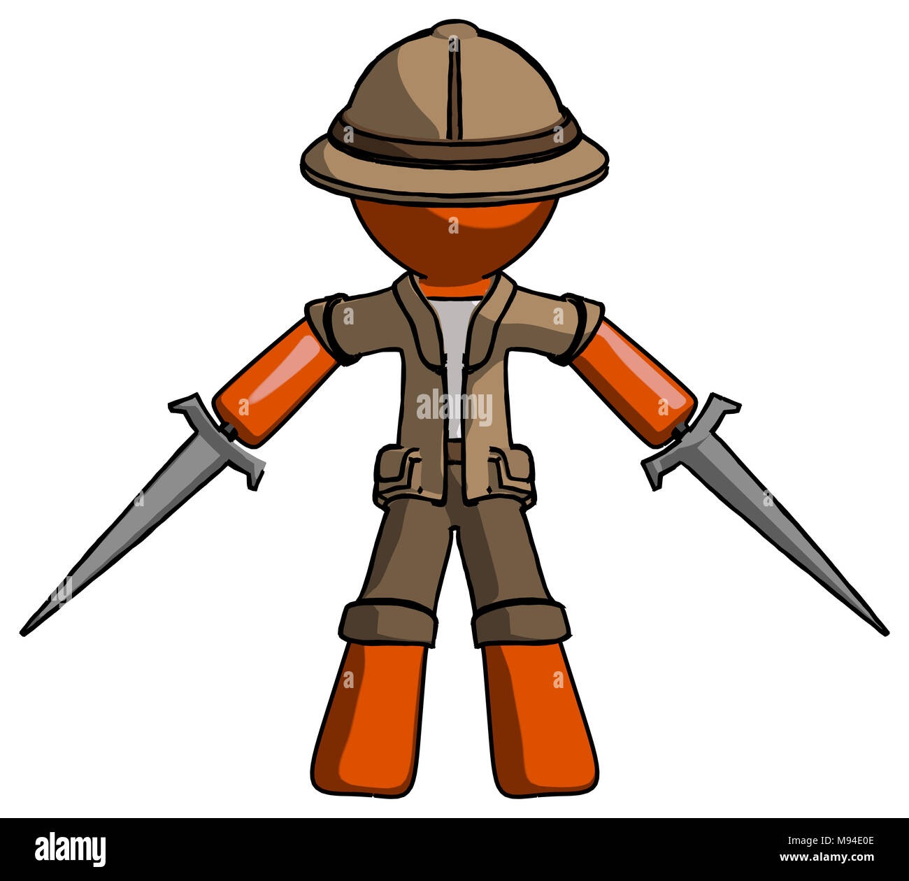 Orange explorer ranger man two sword defense pose Stock Photo - Alamy