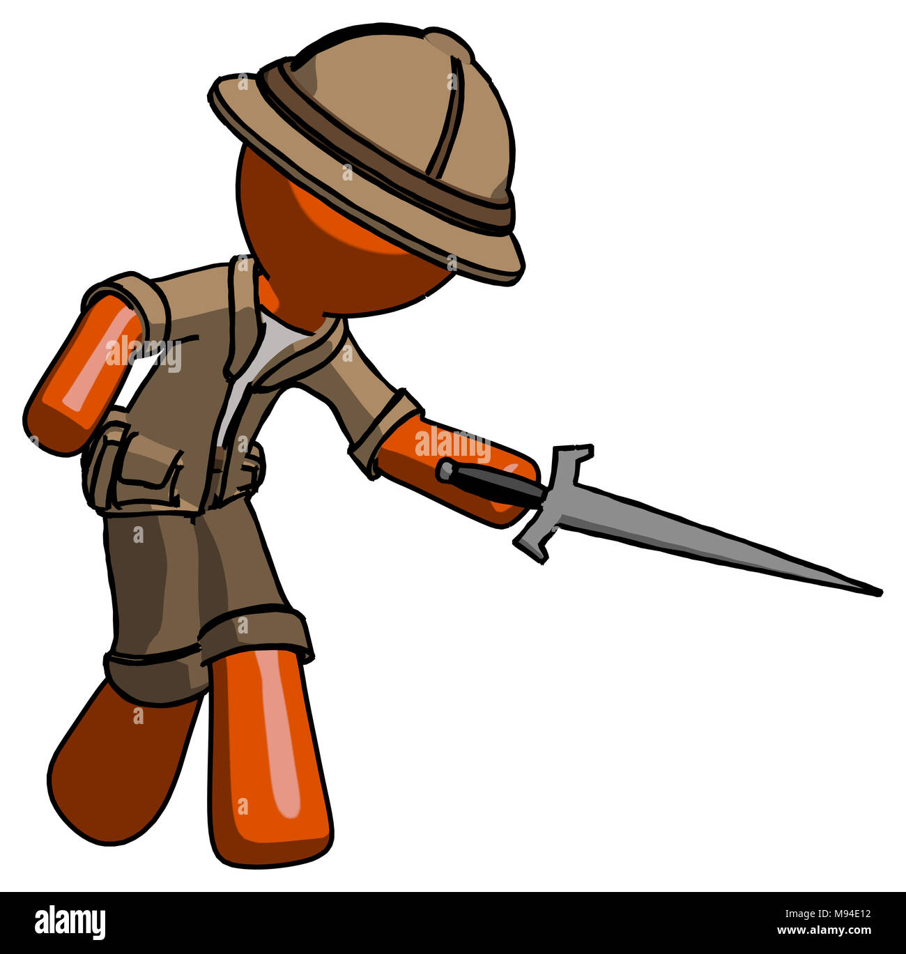 Orange explorer ranger man sword pose stabbing or jabbing Stock Photo ...