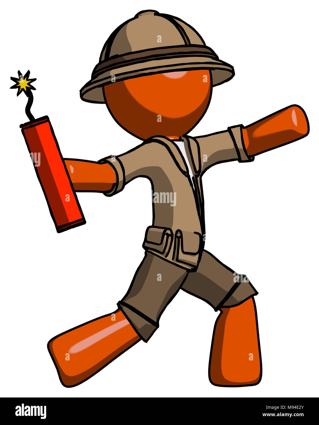 Orange explorer ranger man throwing dynamite Stock Photo - Alamy