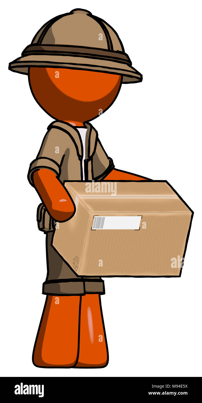 Orange explorer ranger man holding package to send or recieve in mail ...