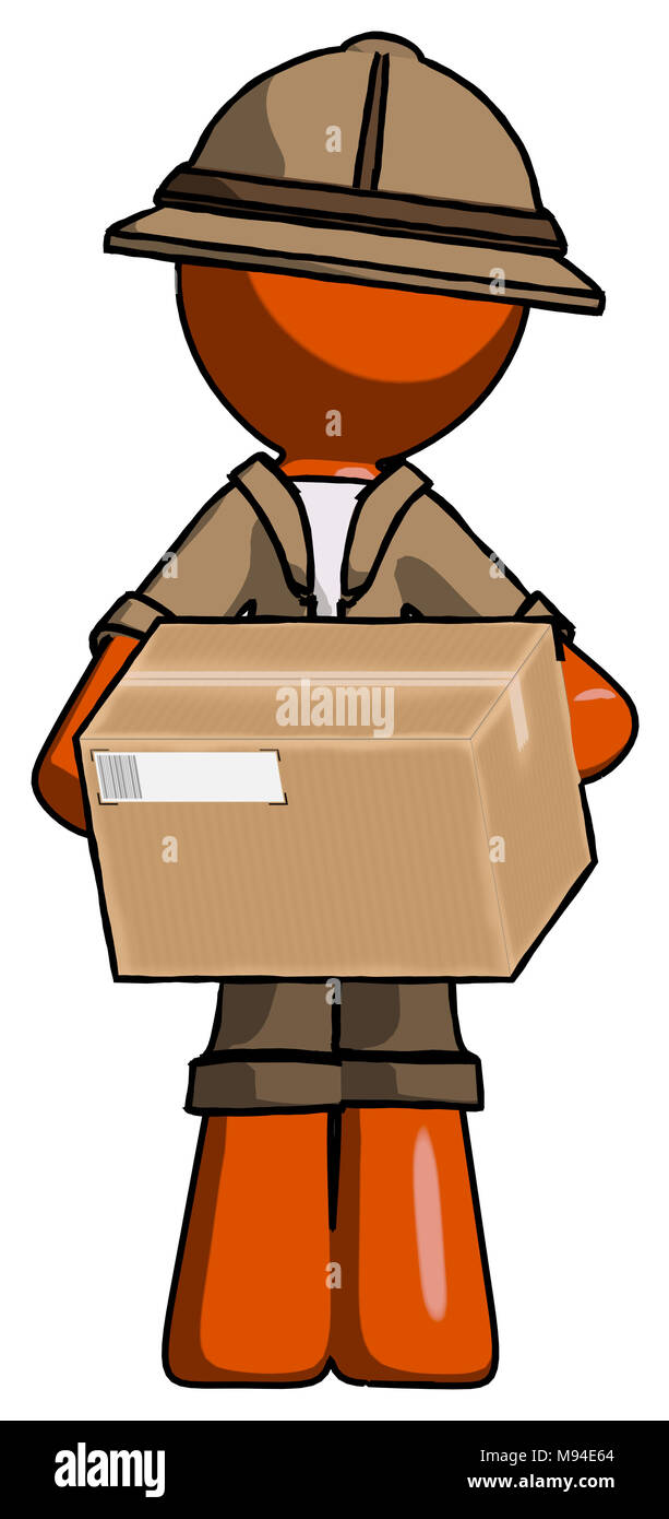 Orange explorer ranger man holding box sent or arriving in mail Stock ...