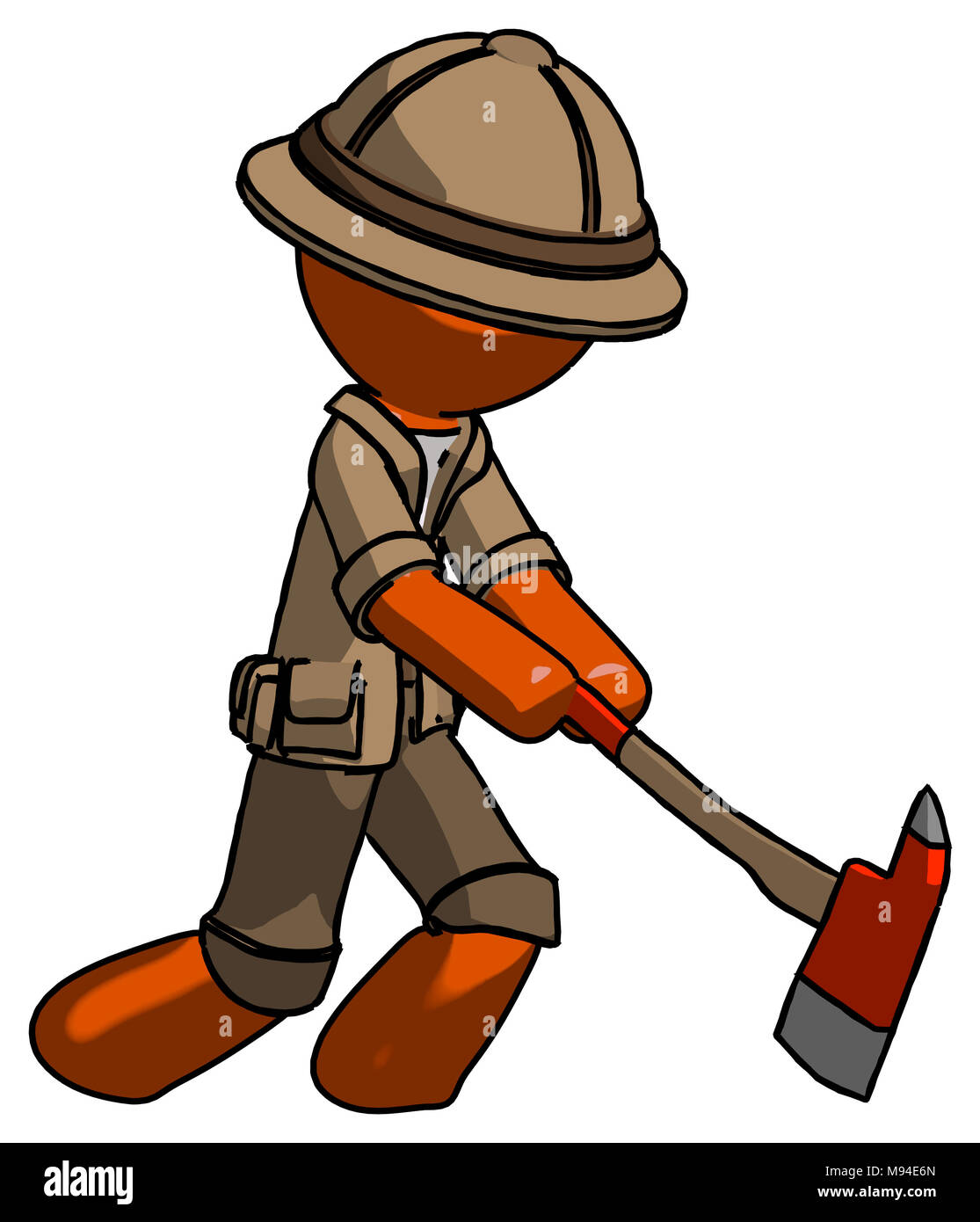 Orange explorer ranger man striking with a red firefighter's ax Stock ...